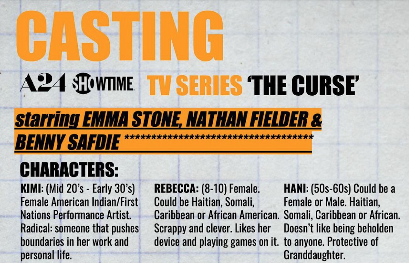 NOW CASTING: CHARACTER ROLES ON A24/ SHOWTIME TV SERIES- “THE CURSE ...